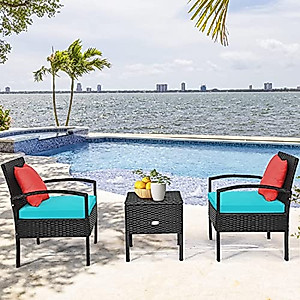 DORTALA 3 Pieces Outdoor Wicker Bistro Set, Rattan Sofa Set with Washable & Thick Cushion, Coffee Table with Storage Space, Great for Porch Garden Poolside Balcony, Turquoise