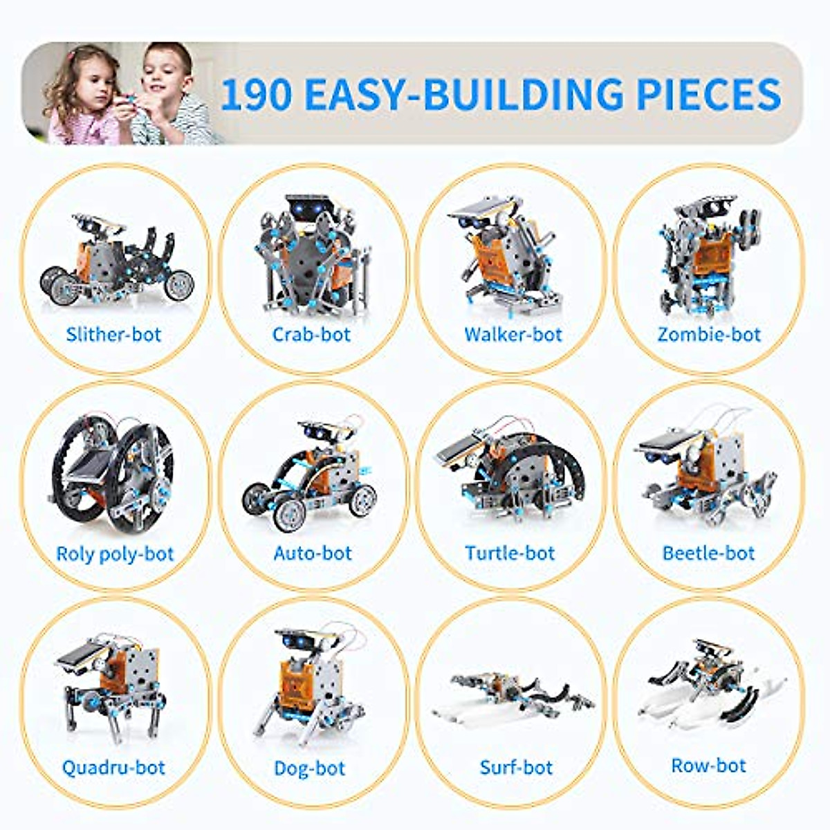 CUDNY Robot Kit 12-in-1 Science STEM Solar Robot Kit Toys for Kids - 190 Pieces DIY Building Science Experiment Kit for Kids Aged 8-10 and Older, Educational DIY Assembly Kit with Solar Powered