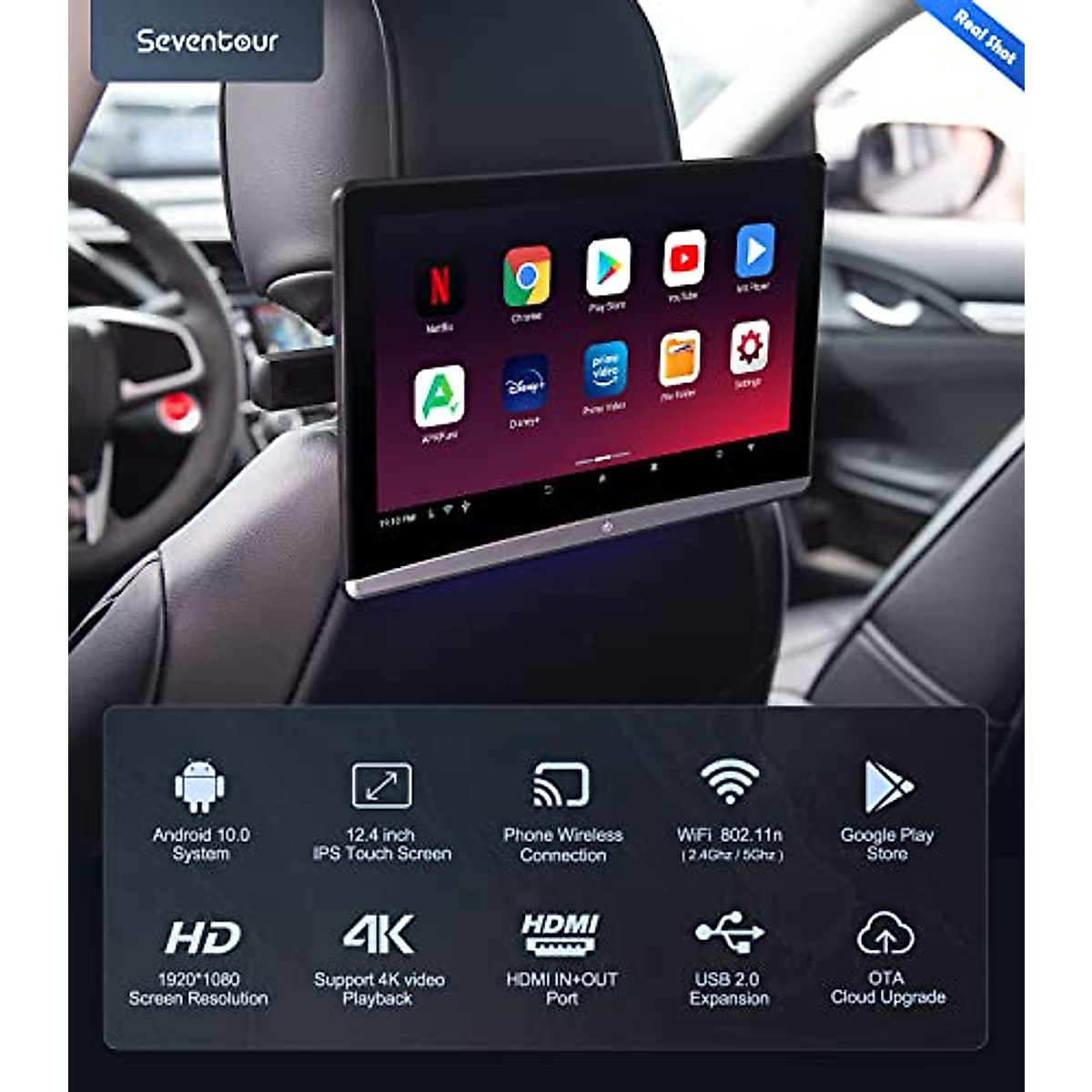 Seventour 12.4" Android 4K Car TV Headrest Monitor Tablet for Back seat, Support Phone Wireless Connection Mirror Link Touch Screen,with WiFi/Bluetooth/HDMI/USB/AV in/SD/Airplay Video Player(2*pcs)