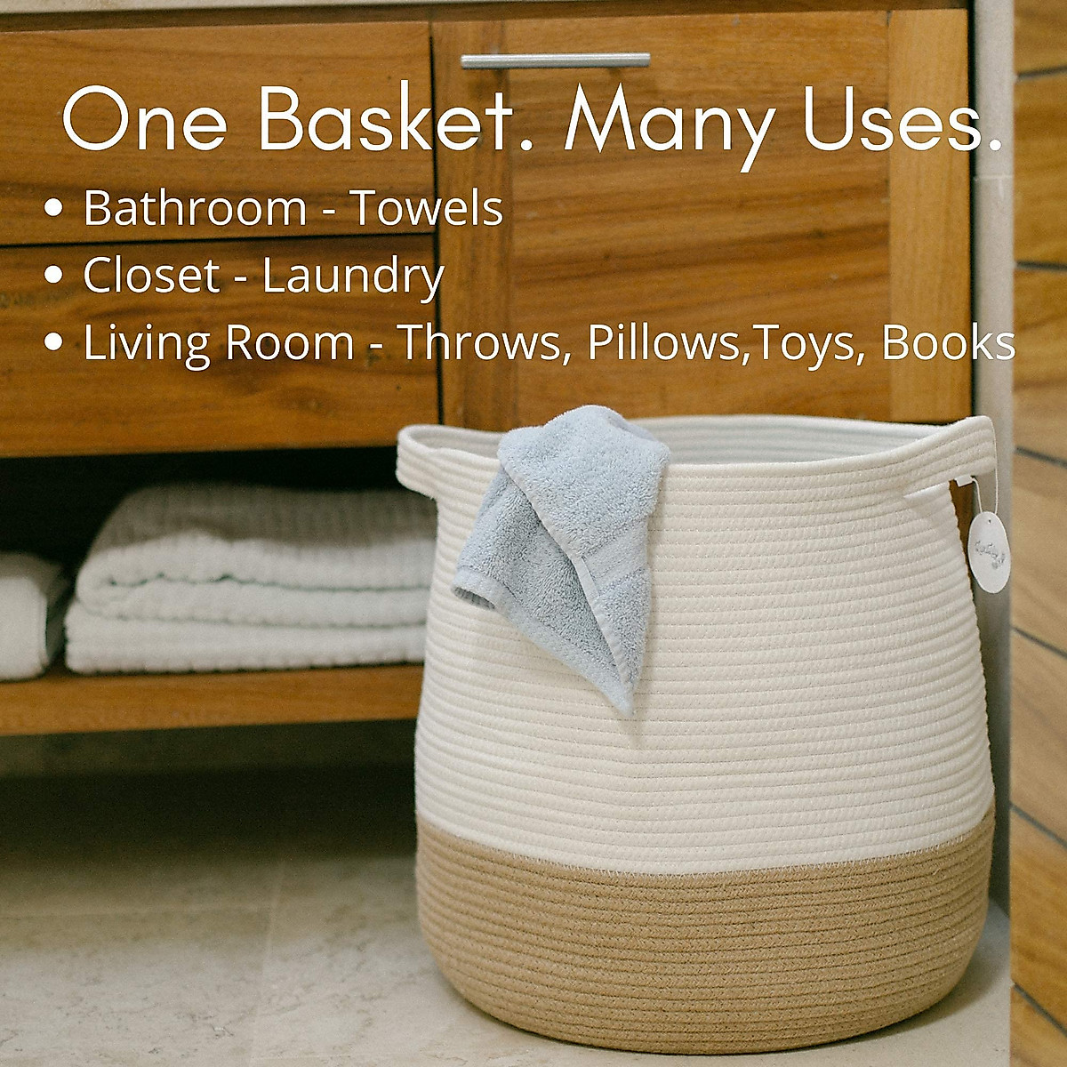 Large Blanket Basket for Living Room - Decorative Woven Baskets for Storage, Cotton Rope Baskets for Storage 16”x18”, Round Basket, Tall Laundry Hamper Basket, LuxiLily Baskets