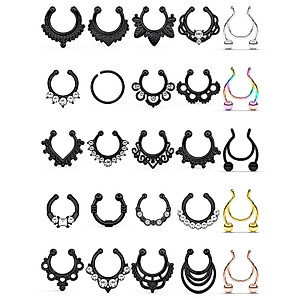 Prjndjw Fake Septum Nose Hoop Rings Stainless Steel Faux Lip Ear Nose Septum Ring Non Piercing Clip On Nose Hoop Rings Body Piercing Jewelry 25PCS Women Man Black