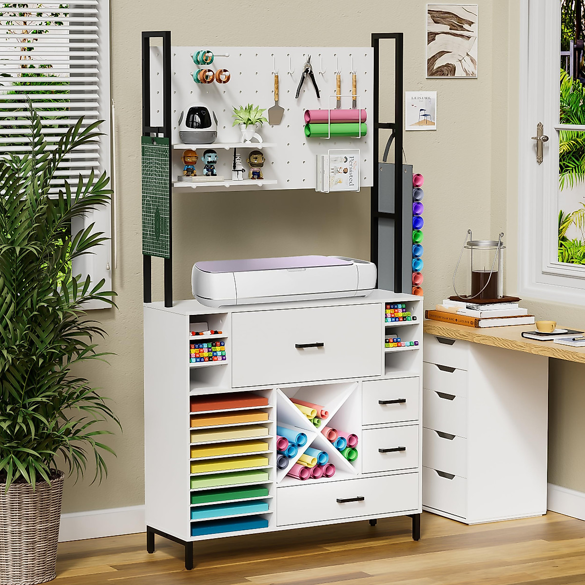 PAKASEPT Craft Organizers and Storage Cabinet Compatible with Cricut Machines, Cricut Accessories Craft Table with Power Outlet, Pegboard, Vinyl Holders for Craft Room Home Furniture