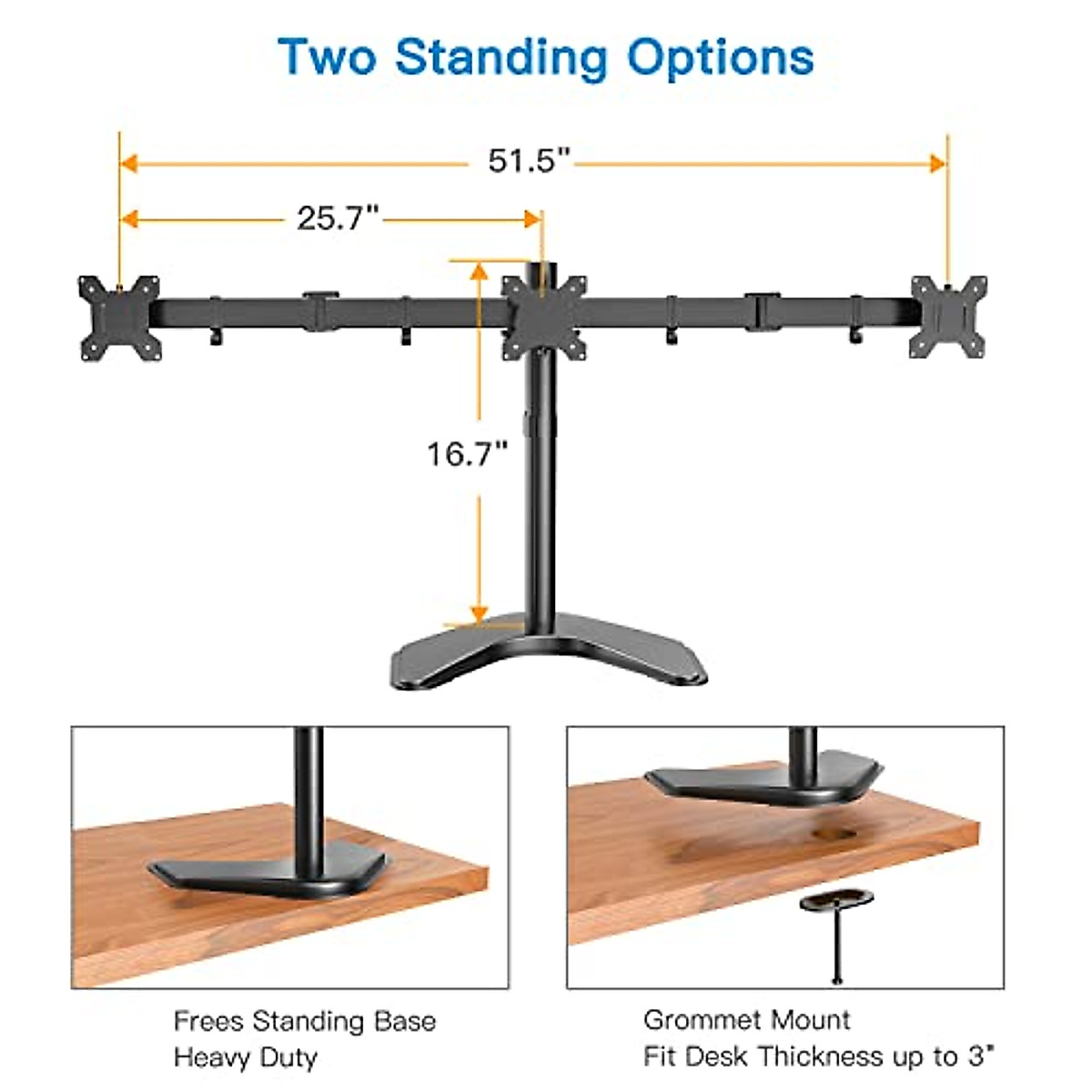 HUANUO Triple Monitor Stand, Free Standing Three Monitor Desk Mount for Screens Up to 24 inch, Heavy-Duty Fully Adjustable Monitor Arm, Holds Up to 22lbs Each, VESA 75x75 or 100x100