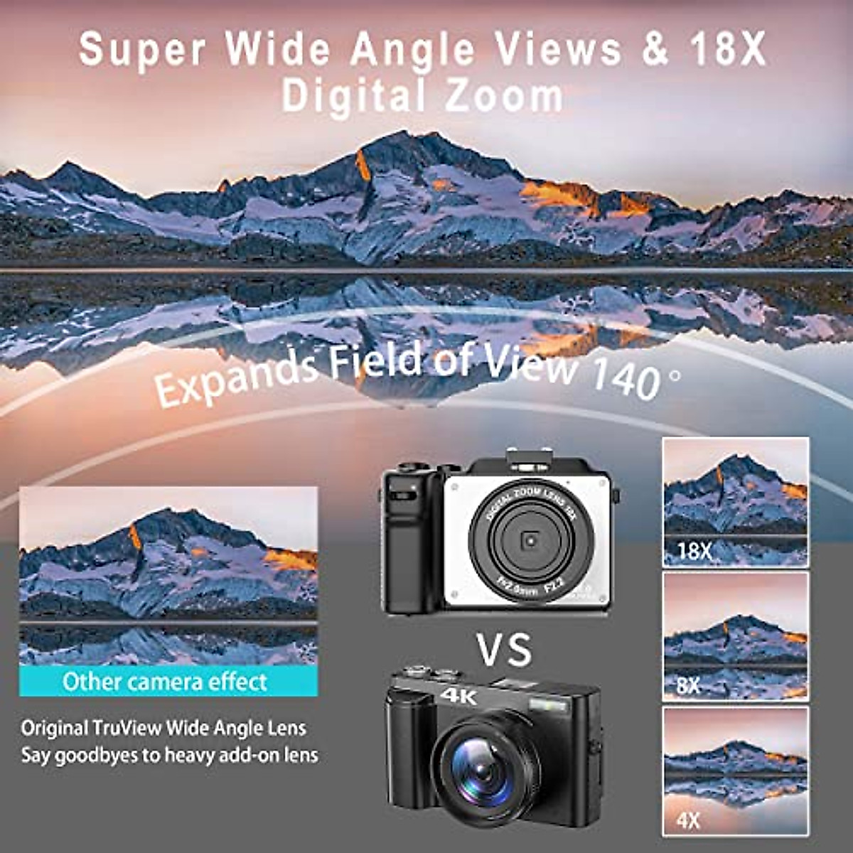 Vlogging Camera, 4K 48MP Digital Camera with WiFi, Free 32G TF Card & Hand Strap, Auto Focus & Anti-Shake, Built-in 7 Color Filters, Face Detect, 3'' IPS Screen, 140°Wide Angle, 18X Digital Zoom