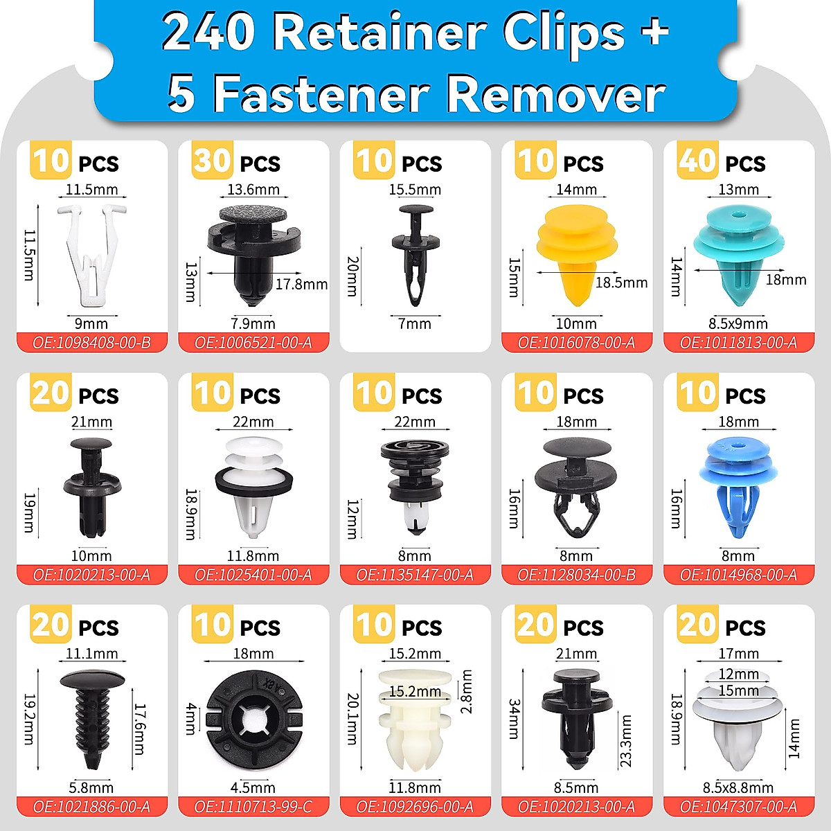 Niteguy 245Pcs Tesla Bumper Fender Liner Push Retainer Fastener Rivet Clips,15 Sizes Auto Plastic Push Rivets Set with Fastener Remover for Tesla Body Interior and Exterior Retainer Fastener Clip