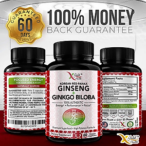 Korean Red Panax Ginseng 1200mg + Ginkgo Biloba - Extra Strength Root Extract Powder Supplement w/High Ginsenosides Vegan Capsules for Energy, Performance & Focus - Supplement for Men & Women