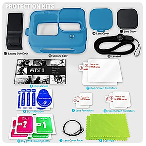 FitStill Blue Silicone Sleeve Case for Go Pro Hero 11 Hero 10 Hero 9 Black, Battery Side Cover&Screen Protectors&Lens Caps&Lanyard for Go Pro Hero 11 /10 / 9 Accessories Kit