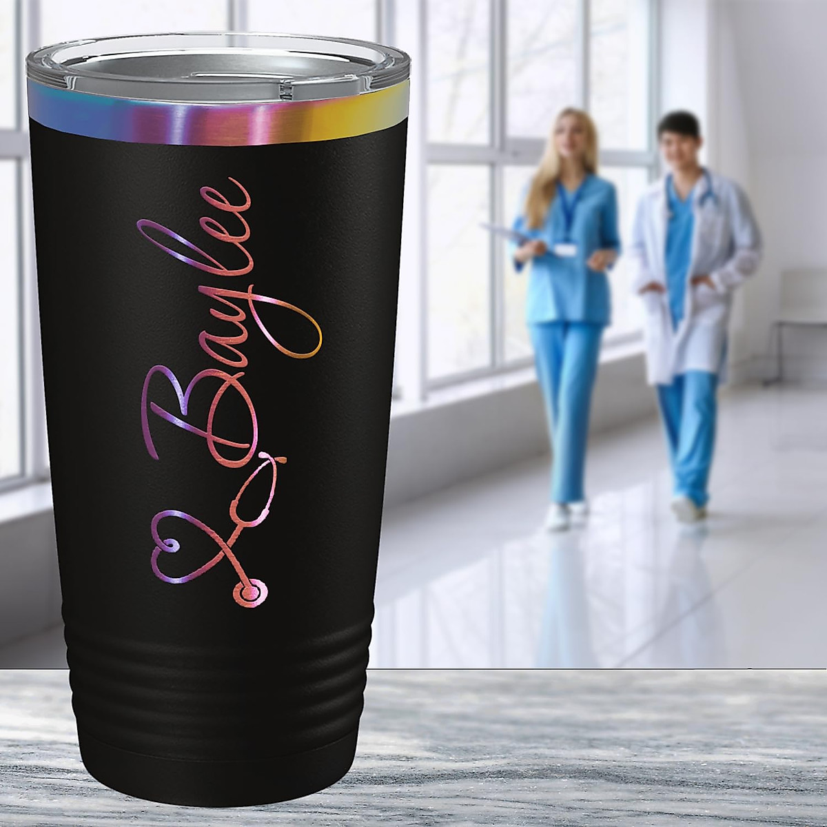 Personalized Heart Stethoscope Tumbler Gift for Nurse, RN, LPN, CNA, CMA, MA on Black with Ion Prism Design 20 oz Stainless Steel Tumbler with Lid - Insulated Cup - Custom Travel Mug