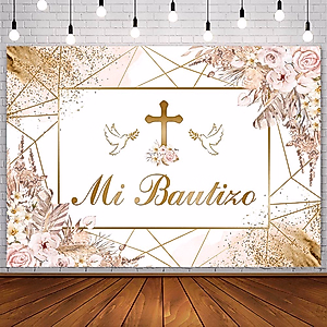 AIBIIN 7x5ft Boho Mi Bautizo Backdrop Mexican Baptism Christening Girl First Holy Communion Party Decorations Bohemian Pink Floral Pampas Photography Background Newborn Baby Shower Photo Booth Props