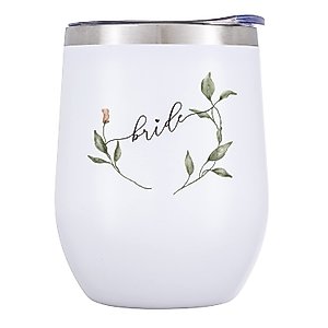 Crisky Greenery Bride Wine Tumbler for Bride Gift Vacuum Insulated Stainless Steel Drink Cup with Straw for Bride to Be | Engagement Glass | Newly Engaged Travel Mug | Future Mrs | Bachelorette 12oz