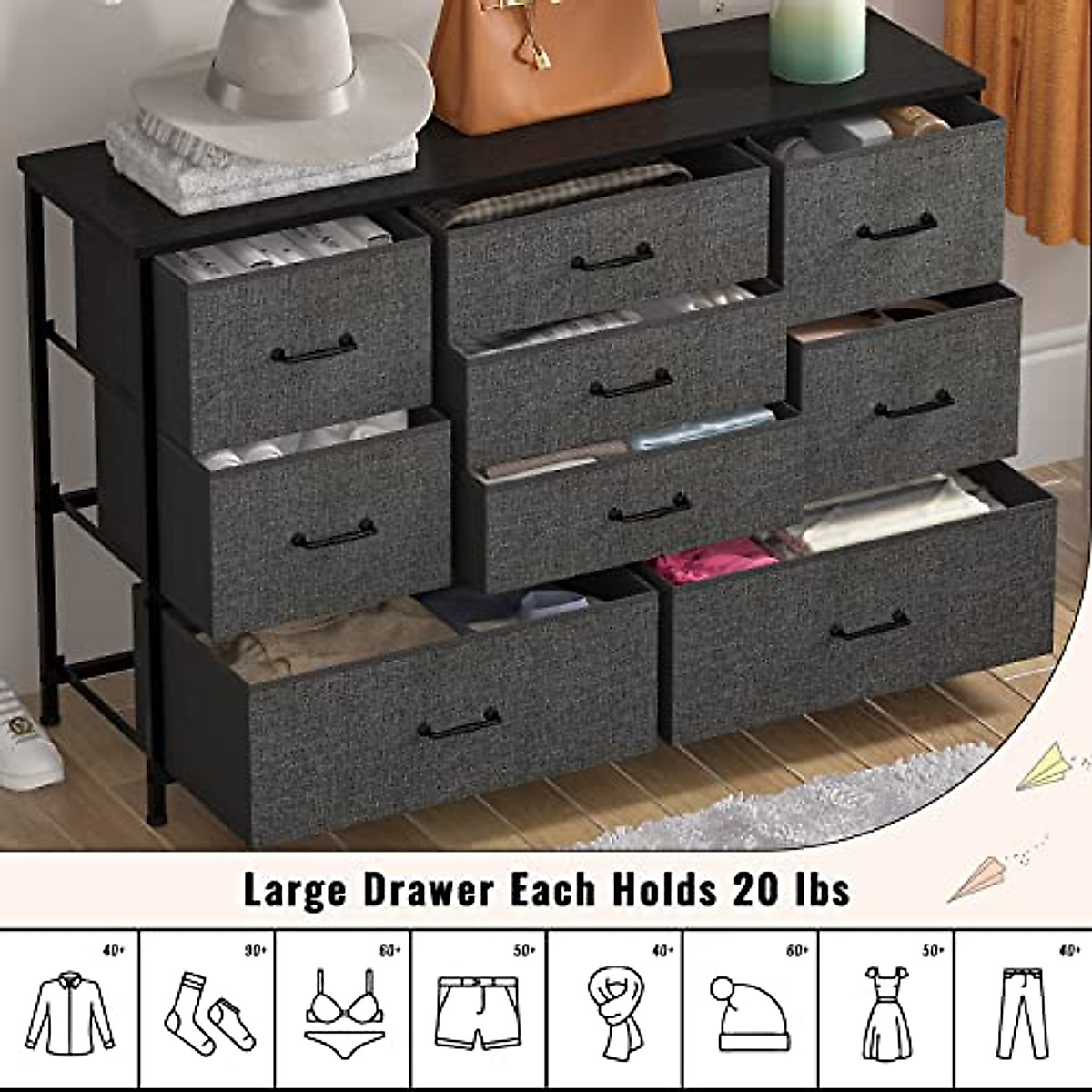 Furnulem Wide Dresser with 9 Large Drawers for 55'' Long TV Stand and 2 Nightstands with 3 Drawers, Small Dresser with Storage Shelf