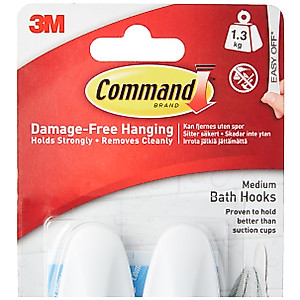 Command Designer Bath Hooks, Medium, White, 2-Hooks with Water-Resistant Strips (17081B-ES) (12 Hooks)