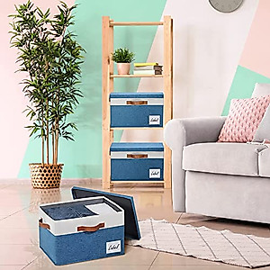 GhvyenntteS Fabric Storage Bins with Lid (6-Pack) Large Closet Storage Bins with Lid and 3 PU Handles, Foldable Fabric Storage Boxes with Label Window for Home Bedroom Office (Grey & Blue, Large)