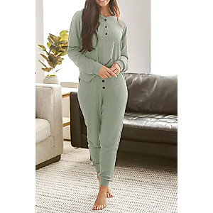 PRETTYGARDEN Women's 2 Piece Waffle Knit Lounge Outfit Long Sleeve Henley Top and Sweatpants Set Tracksuit (Light Green,Large)