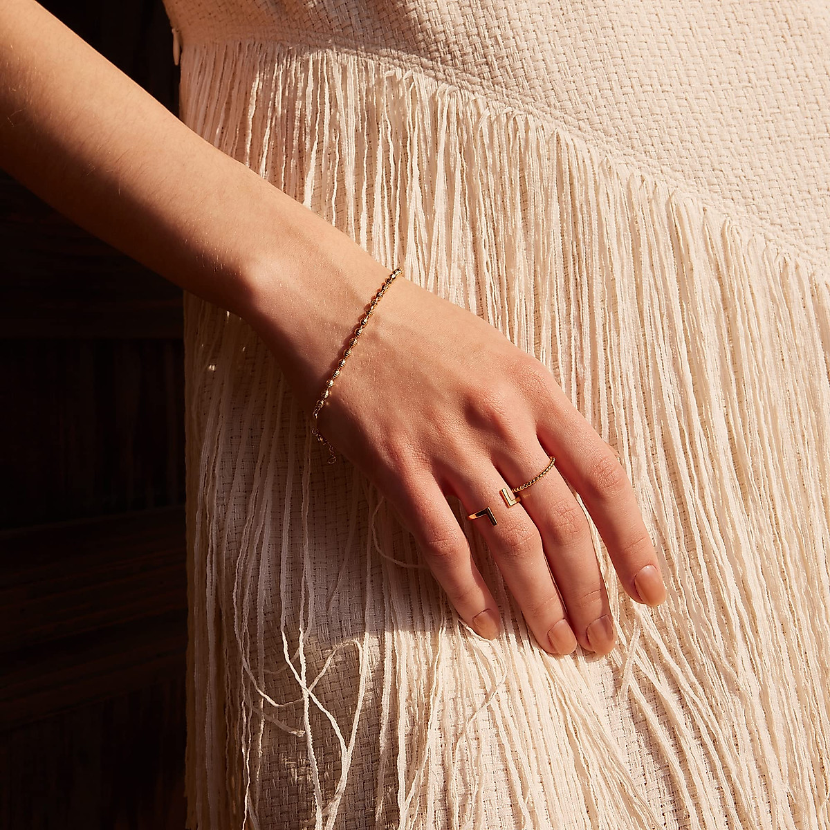 Valloey Rover 14K Gold Thin Beaded Rings, Full Bead Sterling Twisted Rope Wedding Band Stacking Ring for Women