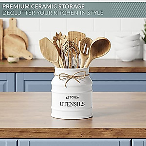 Barnyard Designs Ceramic Farmhouse Kitchen Utensil Holder for Countertop, Decorative Kitchen Utensil Holder, Large Kitchen Utensil Holder for Kitchen Counter, Utensil Crock Spatula Holder, 6.75" White