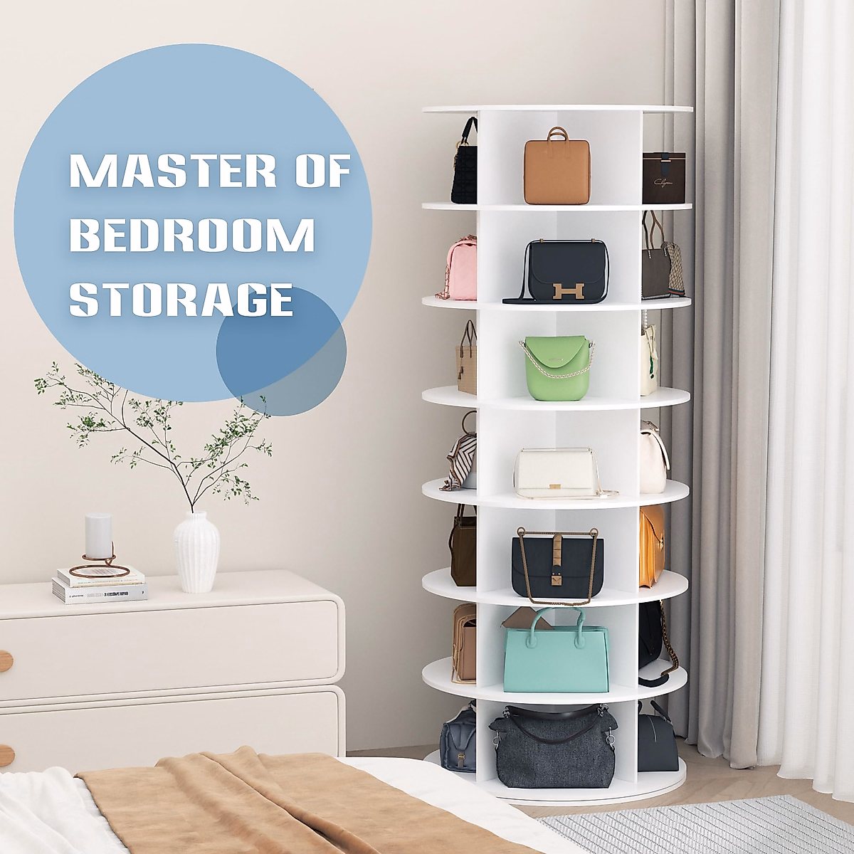 Decomax 7-Tier Rotating Shoe Rack Tower - Free Standing Spinning Shoes Organizer, 360° Vertical Spinning Shoe Display Lazy Susan, Closet Shoe Cabinet Rack Fits 28 Pairs of Shoes Bags Plants