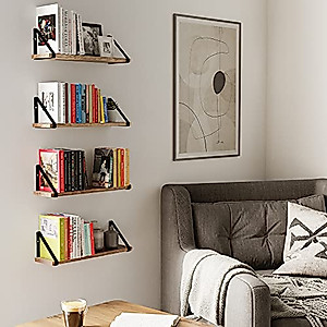 Wallniture Ponza 17"x4.5" Floating Shelves Wall Mounted Set of 4, Wall Shelves for Bedroom, Bathroom, Living Room, Kitchen, Natural Burnt Rustic Wood Wall Decor with Metal Floating Shelf Bracket