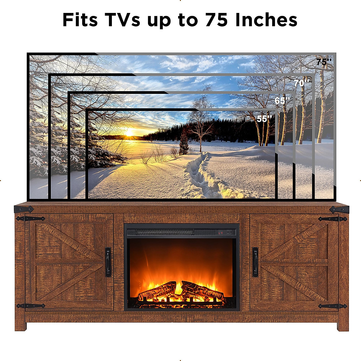 OKD Farmhouse Fireplace TV Stand for 70 75 Inch TV, Rustic Entertainment Center w/ 23" Electric Fireplace, Barn Door, Adjustable Shelves, Wood Media Console Cabinet for Living Room, Reclaimed Barnwood