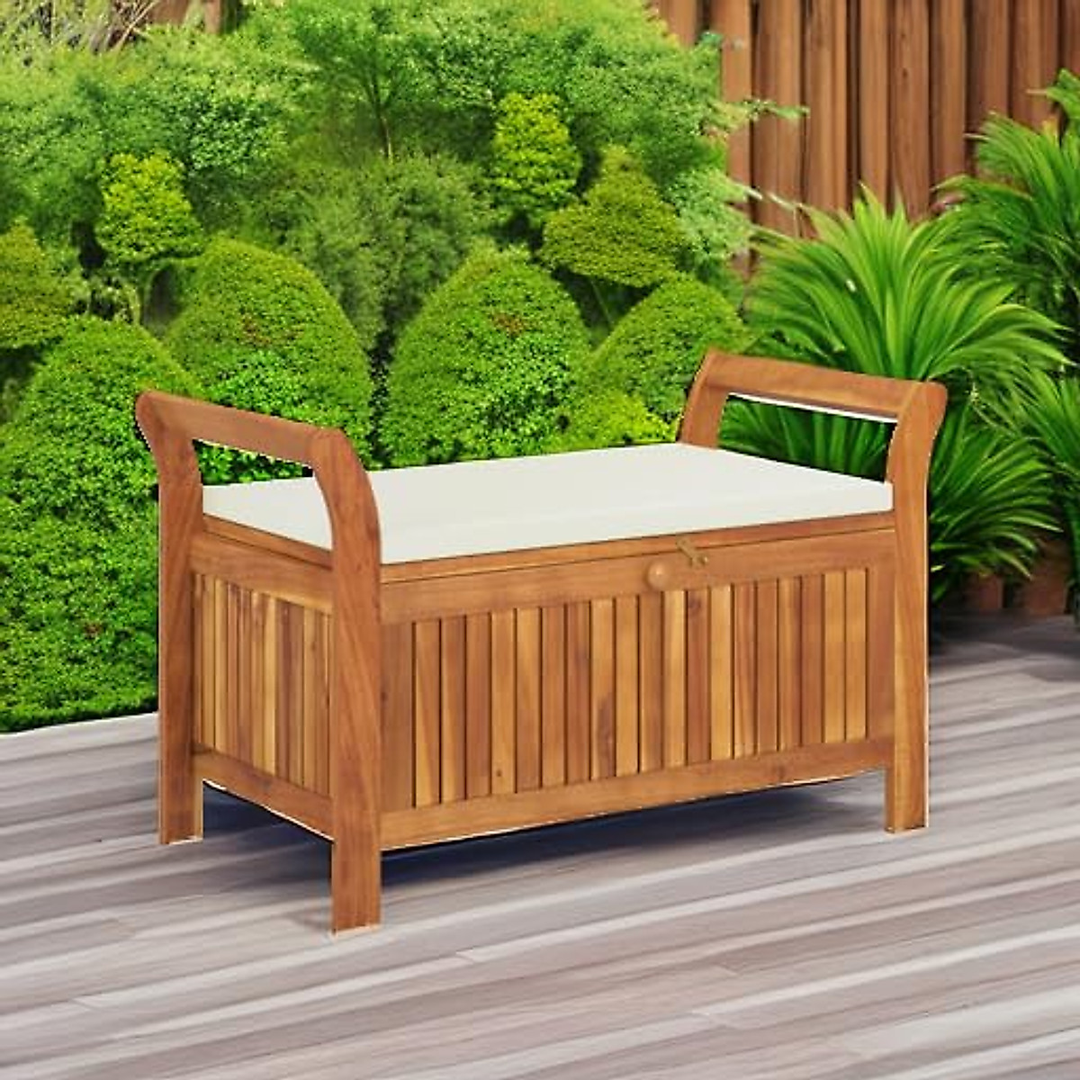 vidaXL Outdoor Storage Bench-Cushioned Acacia Wood Patio Seat Box-Brown & Cream White-Garden Bench Organizer for Deck and Patio
