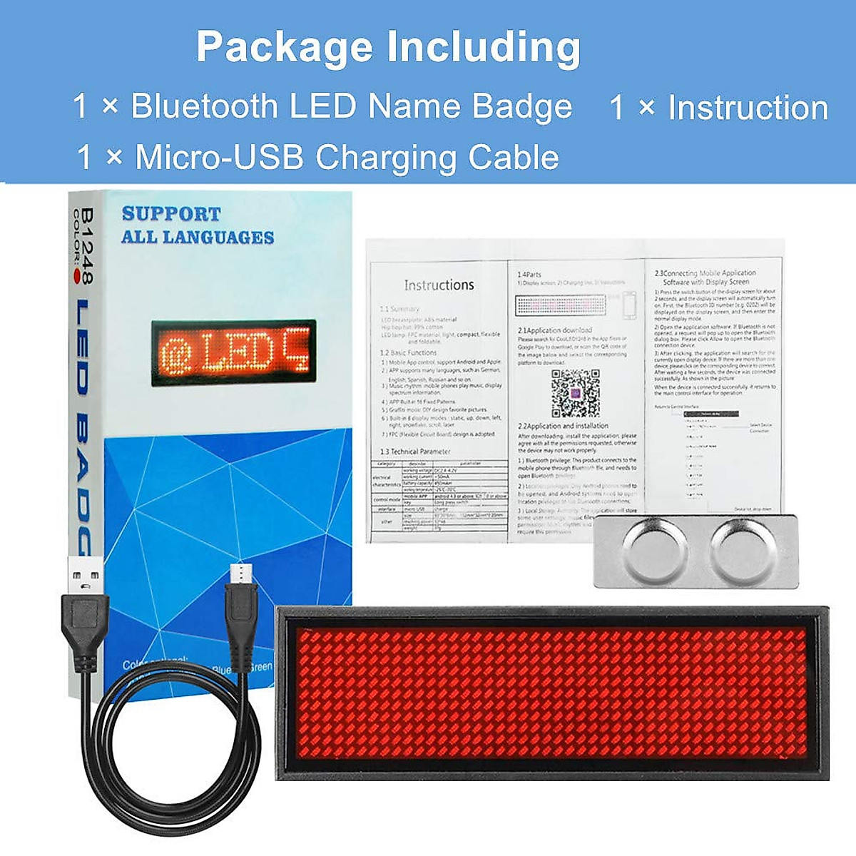 LED Name Tag, OUHL Upgraded Rechargeable LED Badge Scrolling Mini LED Display Cellphone Programmable Business Badges with Magnet/Pin (Red)