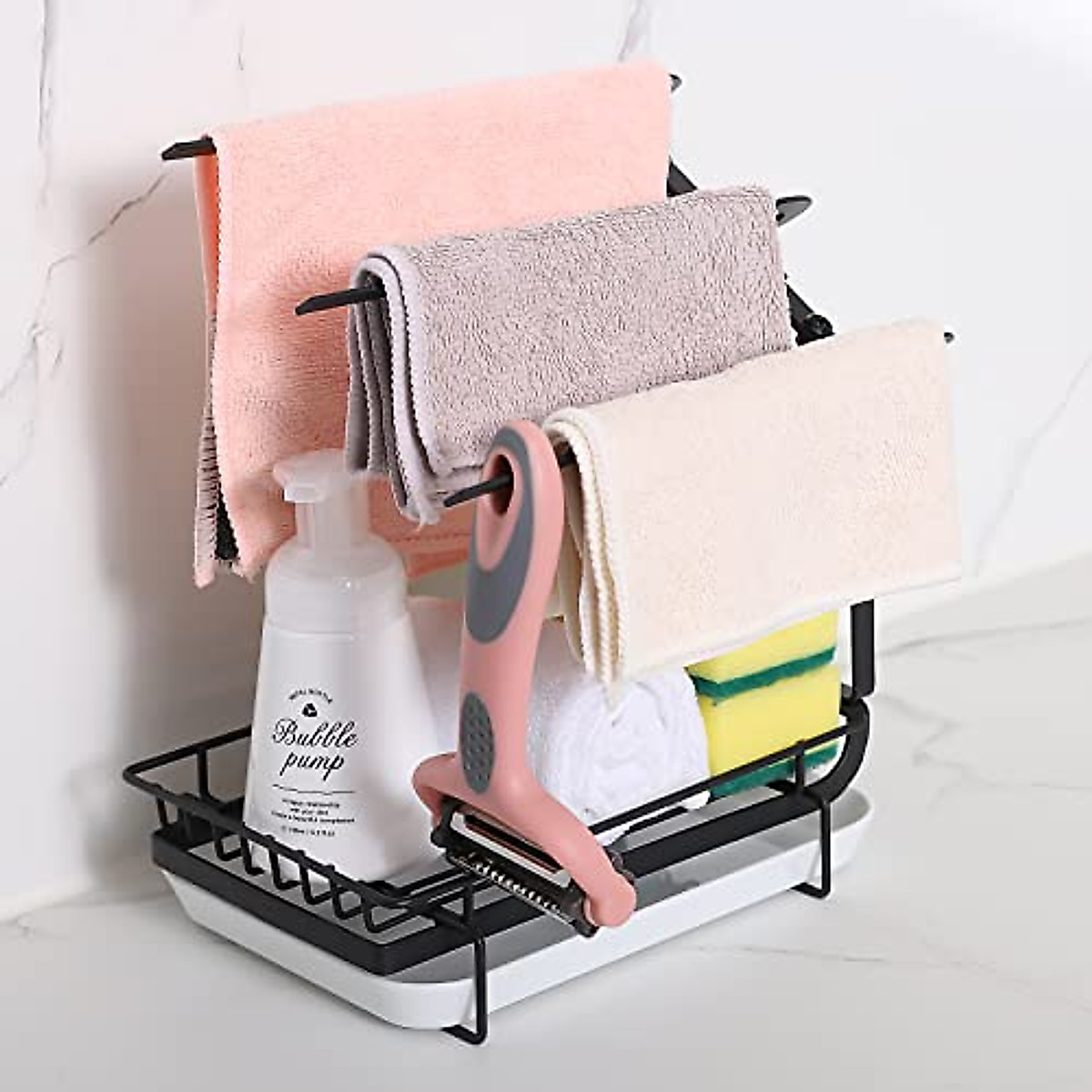 Sponge Holder with Drain Pan for Kitchen Sink Kitchen Towel Rack Sink Caddy Organizer for Dish Sponge Brush Soap Dishcloth Holder(Black)