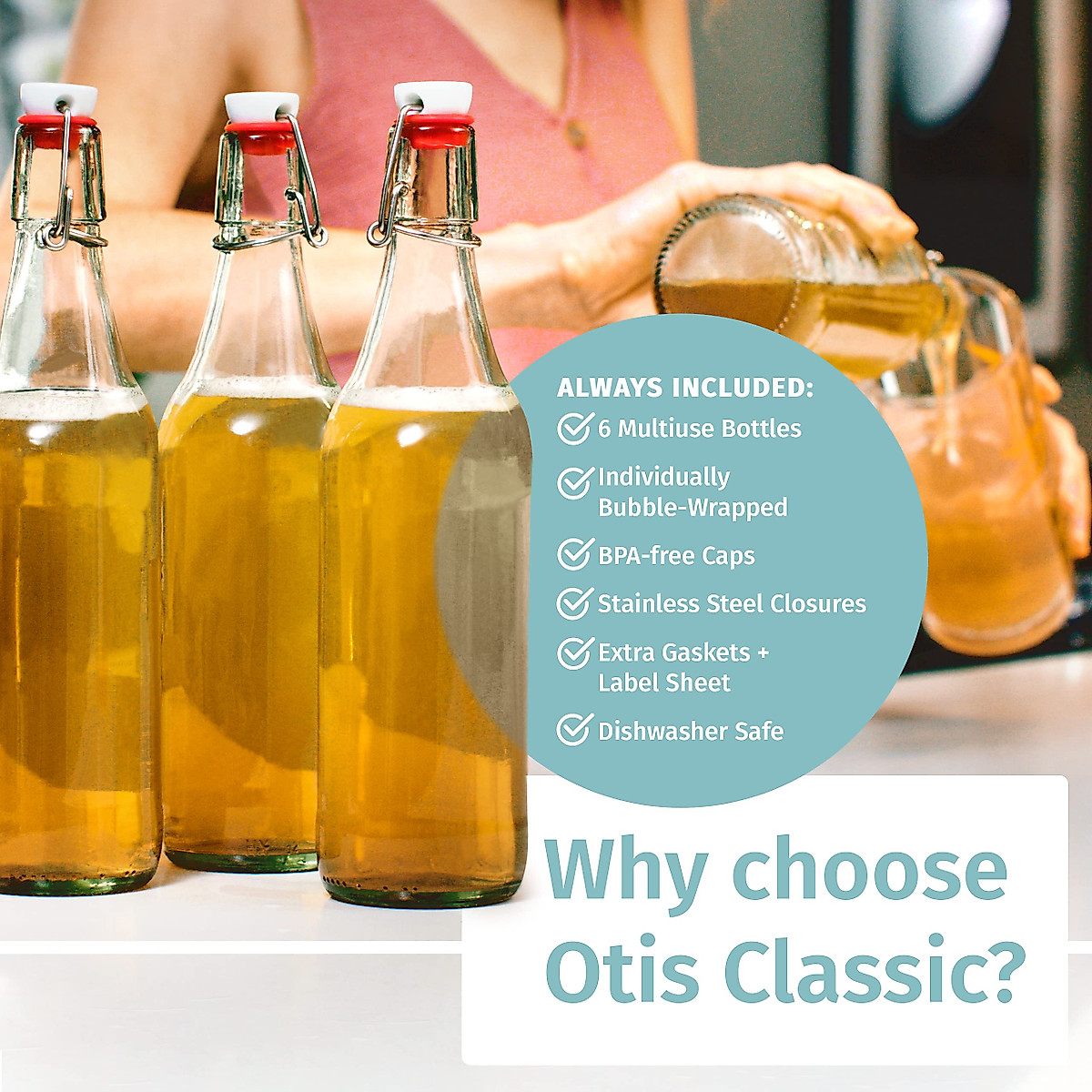 Otis Classic Swing Top Glass Bottles - Set of 6, 16oz w/ Marker & Labels - Clear Bottle with Caps for Juice, Water, Kombucha, Wine, Beer Brewing, Kefir Milk or Eggnog