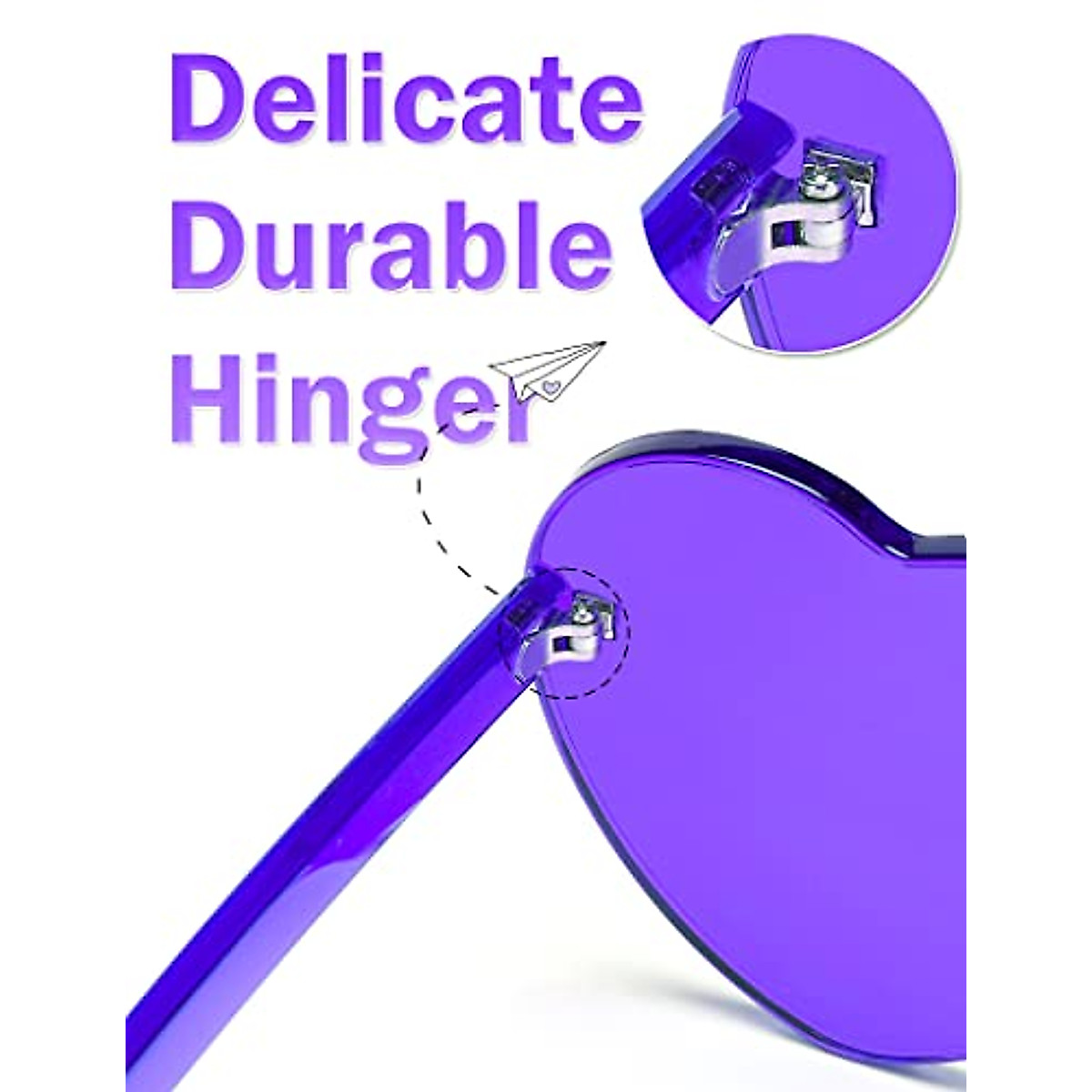 LUCKYCHRIS 2 Pcs Purple Heart Sunglasses for Women Oversized Heart Shaped Glasses Rimless Fun Sunglasses Pack for Bachelorette Party Favors