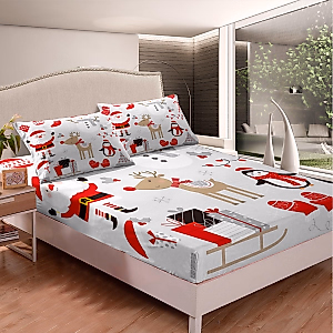 Cute Cartoon Penguin Fitted Sheet Merry Christmas Bed Sheets Full Size Santa Claus Gifts Bed Set Happy New Year Xmas Bedding Set 3 Piece Christmas Elk Christmas Themed Bedding