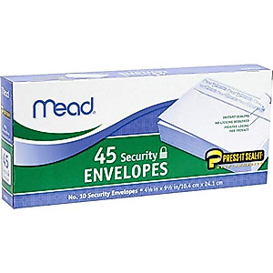 Mead #10 Envelopes, Security Printed Lining for Privacy, Press-It Seal-It Self Adhesive Closure, All-Purpose 20-lb Paper, 4-1/8" x 9-1/2", White, 45/Box (75026)