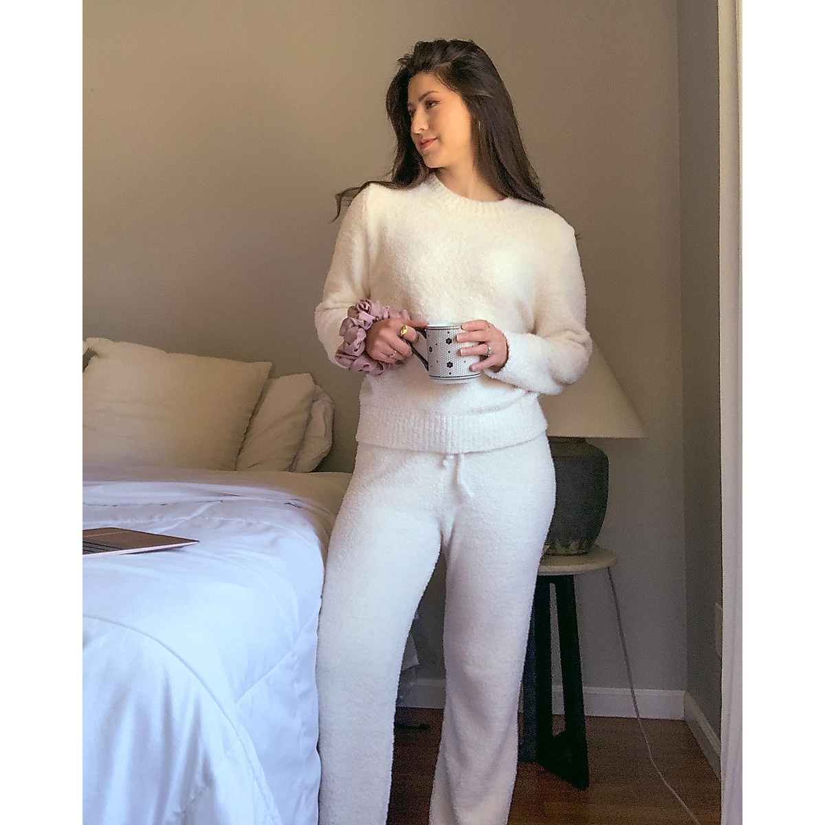 luvamia Women's Casual Solid Color Pajama Sets Long Sleeve Tops And Pants Long Pj Sets Joggers Loungewear Sleepwear Nightwear Womens Loungewear Set Cute 2 Piece Outfits For Women Beige Xx-Large