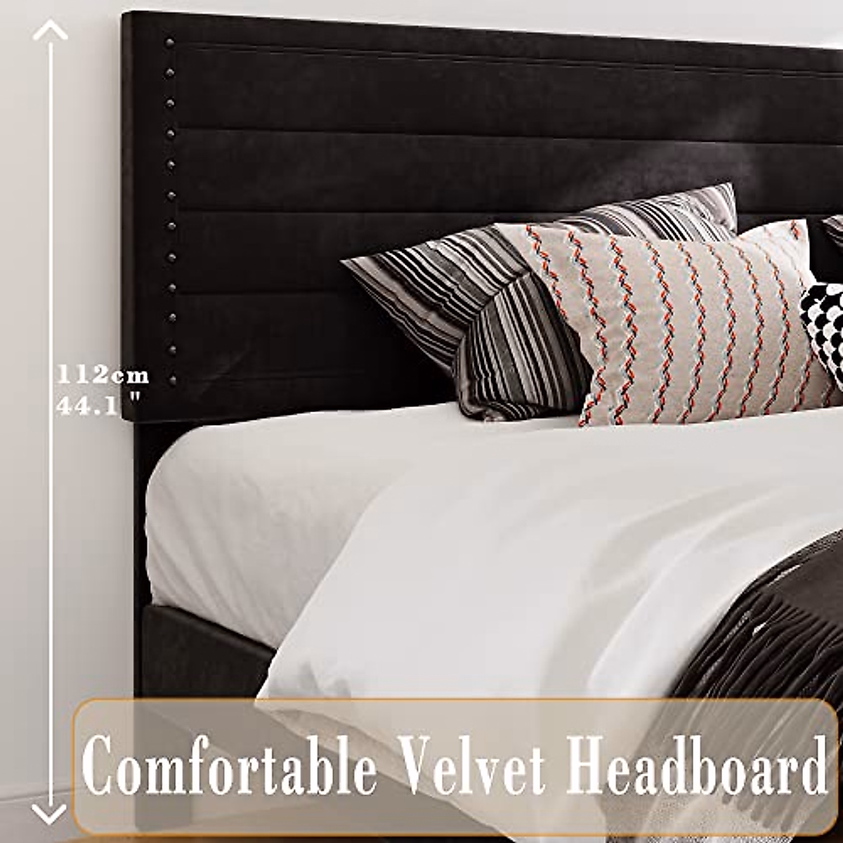 LIKIMIO Queen Bed Frame, Upholstered Platform Bed with Headboard Heavy Strong Metal/Wood Supports, Easy Assembly, Noise-Free, No Box Spring Needed, Black