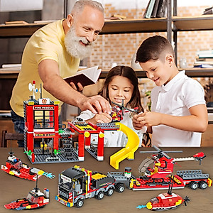 WishaLife City Fire Station Toy Building Set, with Fire Rescue Transport Truck Toy, Helicopter, Pretend Play Toy Gift Idea for Kids Boys Girls Age 6+