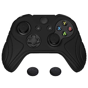 PlayVital Samurai Edition Black Anti-Slip Controller Grip Silicone Skin for Xbox One X/S Controller, Ergonomic Soft Rubber Protective Case Cover for Xbox One S/X Controller with Black Thumb Stick Caps