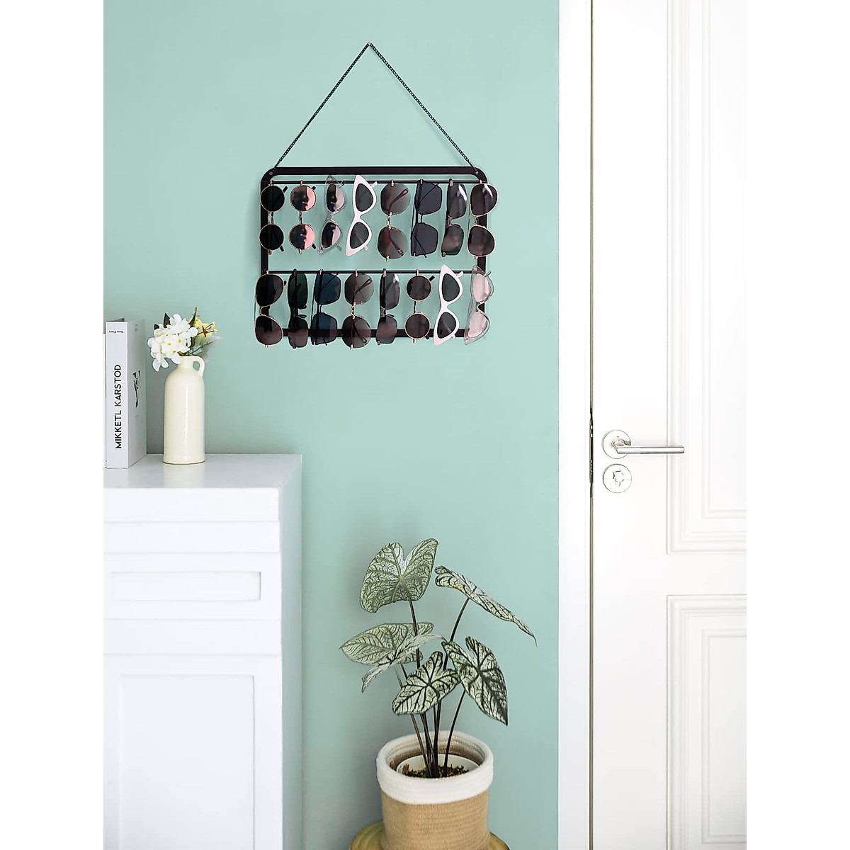 Mkono Sunglasses Organizer Hanging Glasses Storage Holder for Wall and Door Metal 2 Tier Eyeglasses Rack Holds Up to 16 Sunglasses Modern Wall Mount Sunglass Eyewear Display Hanger, Black