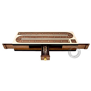 House of Cribbage - Continuous Cribbage Board Inlaid 4 Tracks Maple/Teakwood with Sliding Lids and Drawer
