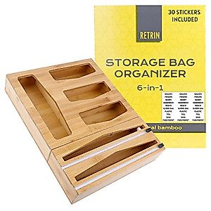 Ziplock Bag Organizer and Foil Wrap Dispenser - 6-in-1 Kitchen Drawer Organizer with Sticker Labels – Foil and Baggie Organizer for 12in Rolls, Gallon, Quart, Snack and Sandwich Bags