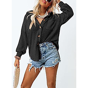 Dokotoo Womens V Neck Waffle Knit Tunic Blouse, Long Sleeve, Button Up, Loose Fit, Solid Color - Medium, Black (Spring Fashion 2023)