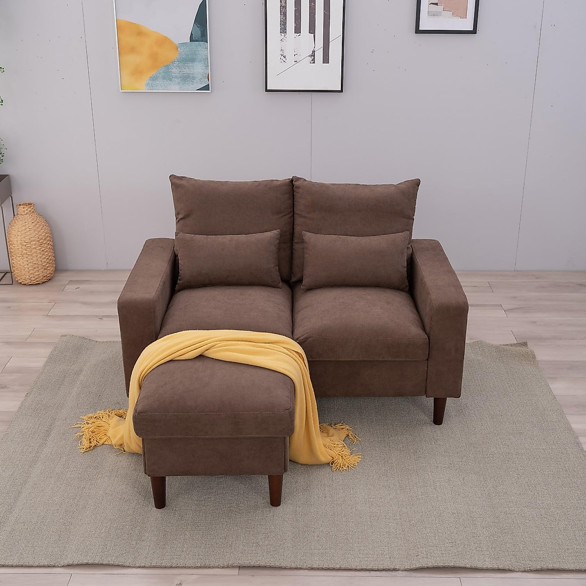 Panana 54.5” Loveseat, Modern Small Couch with Ottoman Footstool Upholstered Fabric, Love Seat Couches for Living Room, Love Seats Furniture for Bedroom, Office, Small Space, Small Apartment, Brown