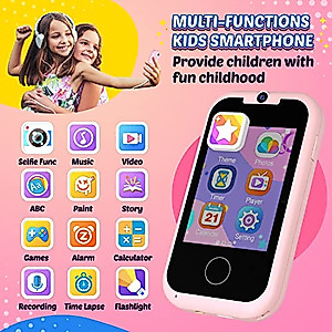 Prysyedawn Kids Smart Phone for Girls, Christmas Birthday Gifts for Girls Age 3-6, MP3 Music Player with Dual Camera, Toddler Touchscreen Phone Learning Toy for 3 4 5 6 Year Old Girl with SD Card-Pink
