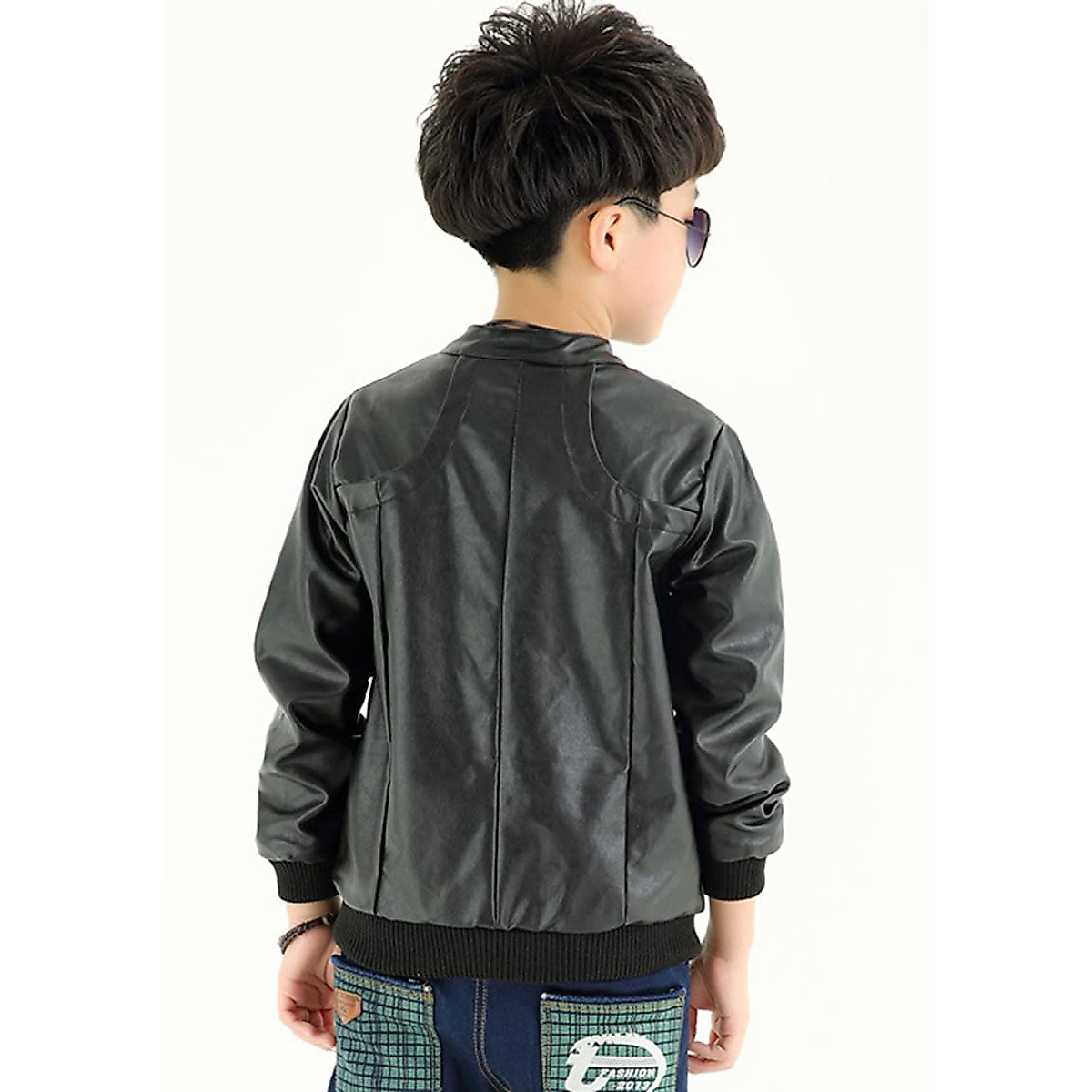 ELUCKFACE Boys Trendy Stand Collar PU Leather Moto Jacket Leather Coat Black 8-9Years