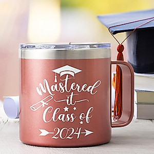 Lifecapido Graduation Gifts, 2024 High School College Masters Degree PHDGraduation Gifts for Her Daughter Niece Friends, Mastered It Class of 2024 Insulated Coffee Mug with Spoon (14 oz, Rose Gold)