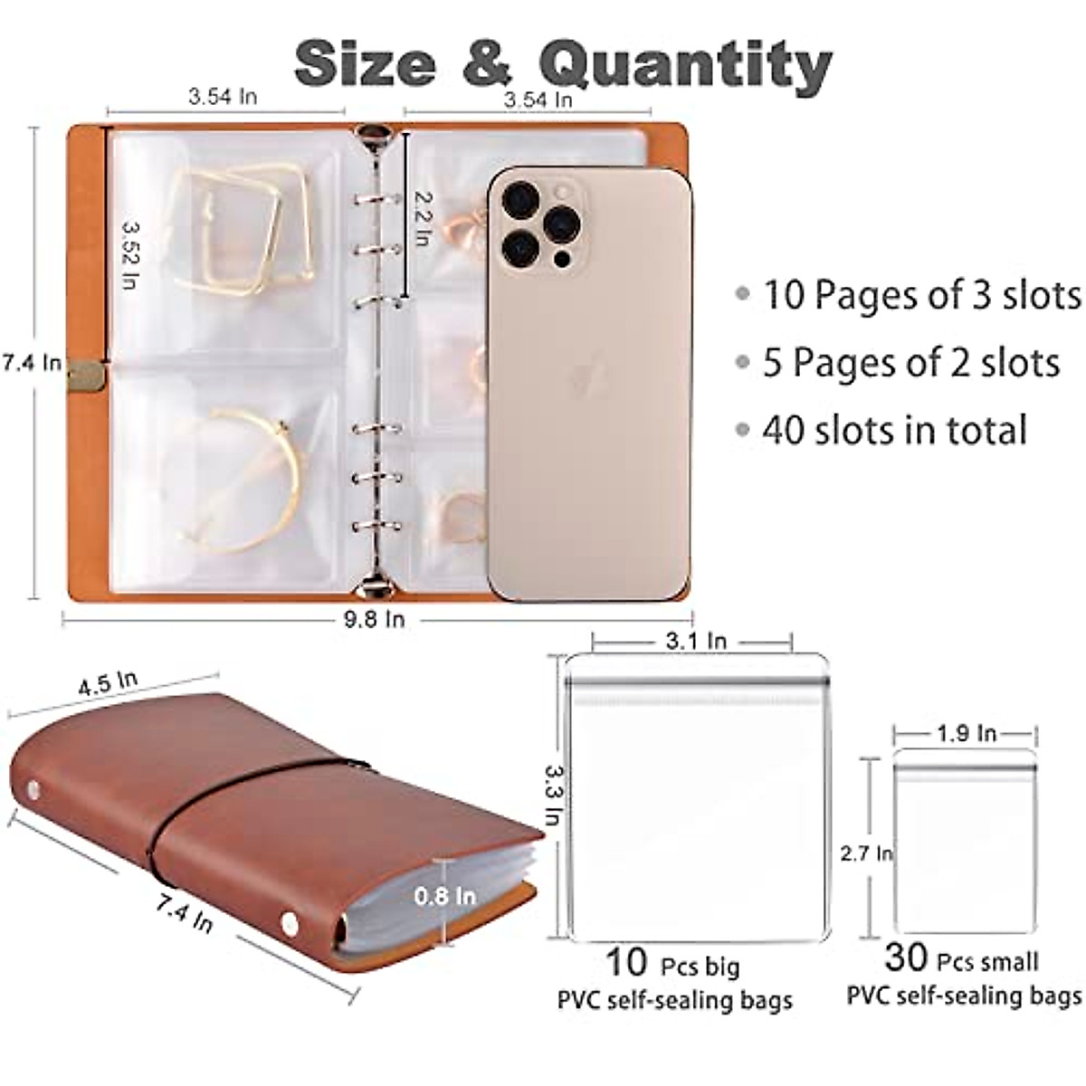 ChezMax Travel Jewelry Organizer, Transparent Jewelry Storage Book with Pockets, PU Leather Earrings Album, Small Accessories Holder for Bracelets Necklace Rings (40 Grids+40 Anti-Oxidation PVC Bags)