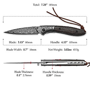 TRIVISA 3.15" Handmade Damascus Folding Pocket Knife，EDC Knives Gift for Men，Tree Texture Ebony wood Handle，Ceramic Bearings，Thumb Stud, Steel Bolster, Liner Lock.Piscis Austrinus-01E