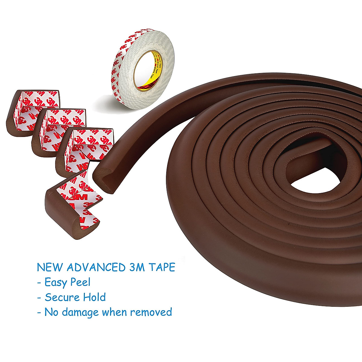 Furniture Edge and Corner Guards | 16.2ft +20.4ft Protective Foam Cushion |36ft Bumper 12 Adhesive Childsafe Corners | Baby Child Proofing Set NonToxic and Safe for Table, Fireplace, Countertop Brown