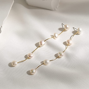 Long Tassel Pearl Dangle Earrings - Dangling Hanging Baroque AAA+ Freshwater Pearl Drop Dangle Earring for Women Bridal Wedding Gift