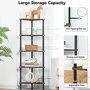 HOOBRO Corner Shelf with Metal Frame, Industrial 5-Tier Wall Corner Bookshelf Stand Display Plant Flower, Bookcase for Small Spaces, Bedroom, Living Room, Rustic Brown BF33CJ01