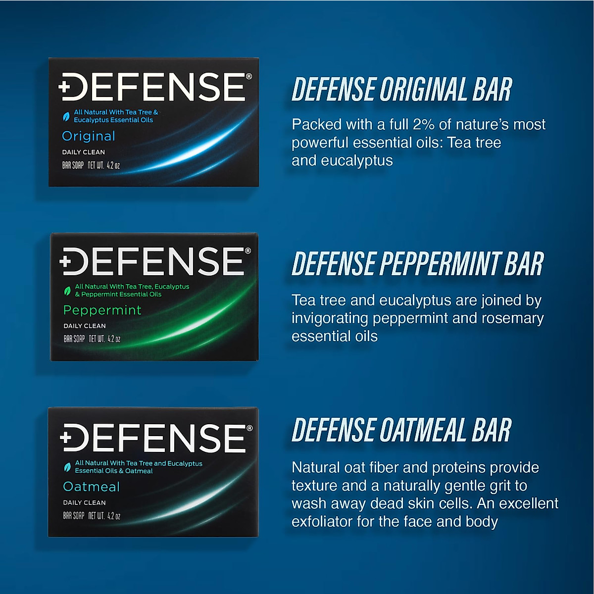 Defense Soap All Natural Tea Tree Bar Soap, 3 Bar Variety Pack - Original, Peppermint, Oatmeal