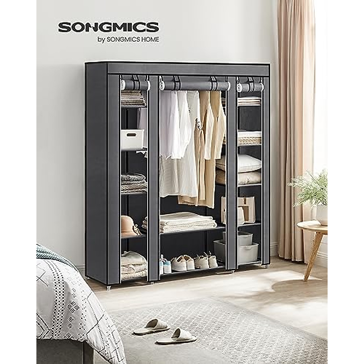 SONGMICS Closet Wardrobe, Portable Closet for Bedroom, Clothes Rail with Non-Woven Fabric Cover, Clothes Storage Organizer, 59 x 17.7 x 69 Inches, 12 Compartments, Gray ULSF03G