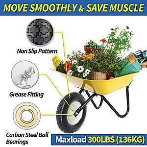 GICOOL 4.80/4.00-8" Wheelbarrow Tire, 16" Flat-Free Solid Tire and Wheel, 3-6" Centered Hub, 5/8" & 3/4" Bearing, For Broadcast Spreader Garden Wagon Cart Trolley Dolly Lawn Mover (1 Pack)